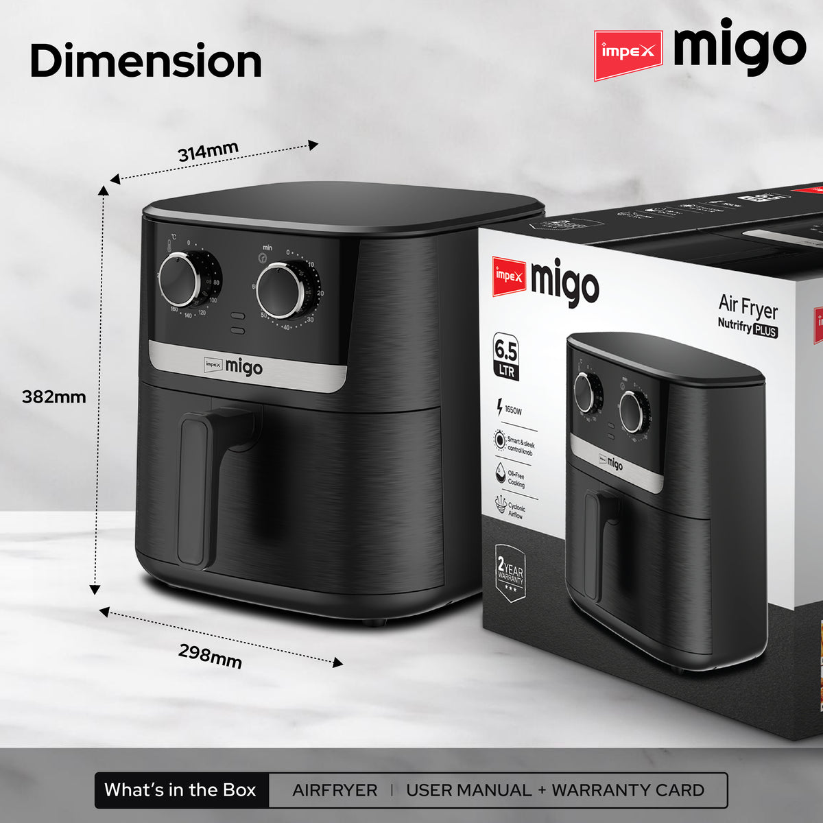 Impex MIGO NUTRIFRY PLUS 6.5 Litre Air Fryer with 1650W Power, Black a ...