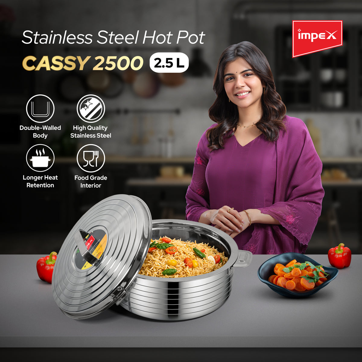 Impex Cassy 2500 - Silver, 2.5 Litres Stainless Steel Hotpot — Impex Webstore