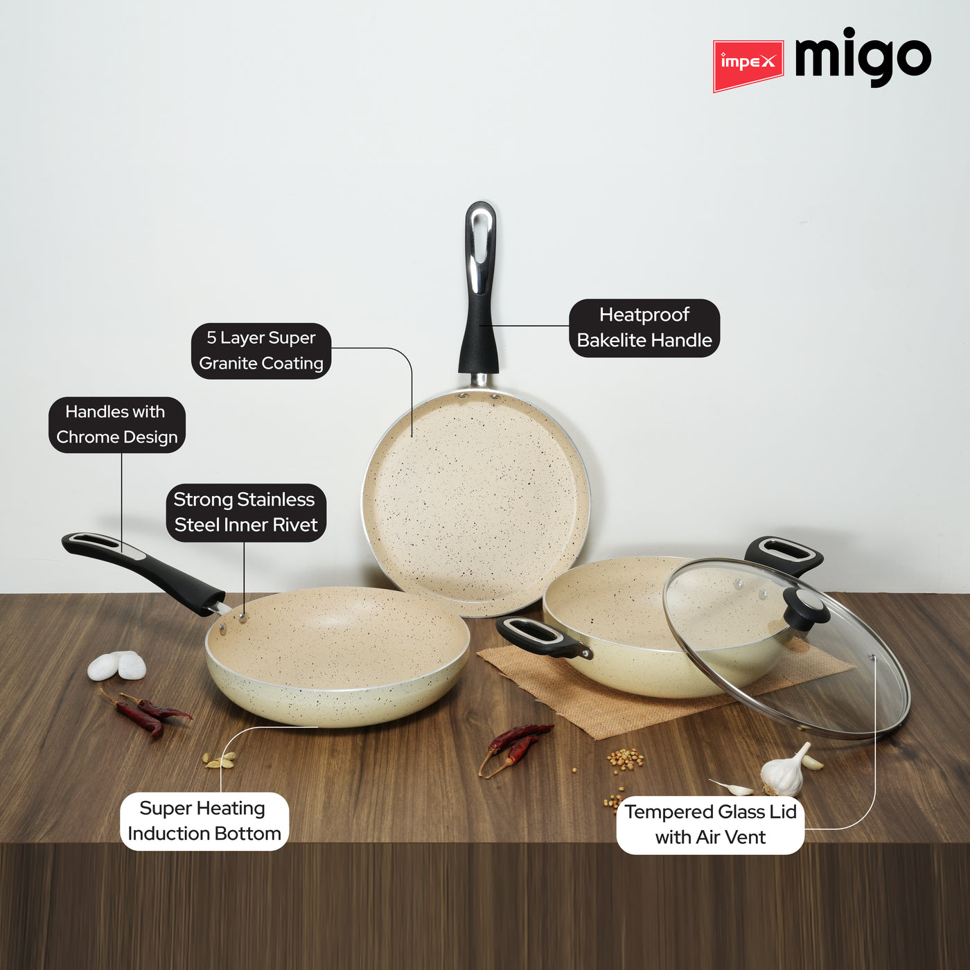 IMPEX Migo Nonstick Granite 4 Pcs Festival GIft Set FKT(B) 5 Layer Sup ...