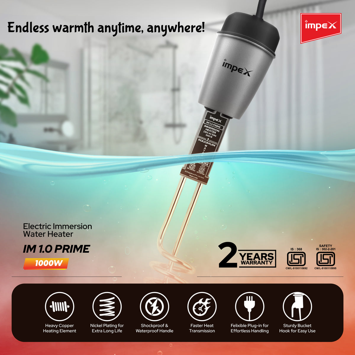Impex Electric Immersion water Heater IM1.0 PRIME 1000 Watt — Impex ...