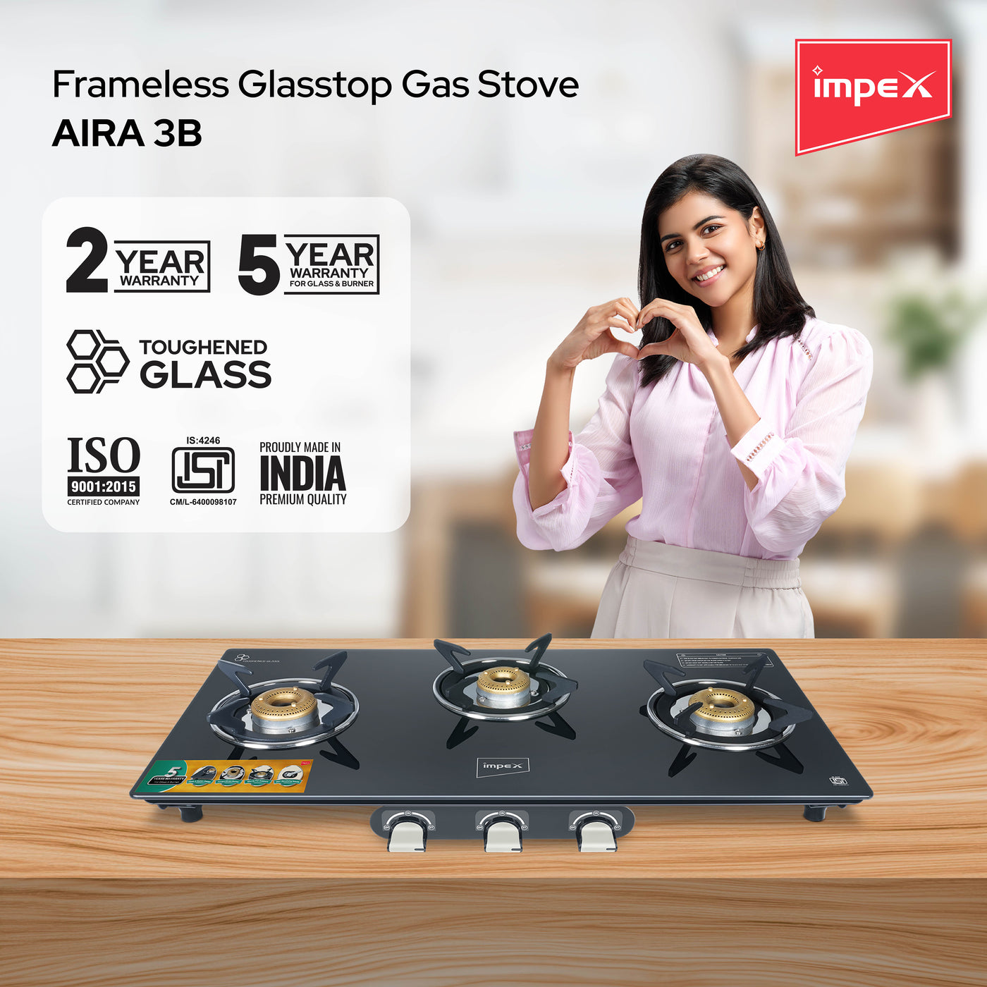 Impex AIRA 3B Frameless Glass top Gas Stove — Impex Webstore