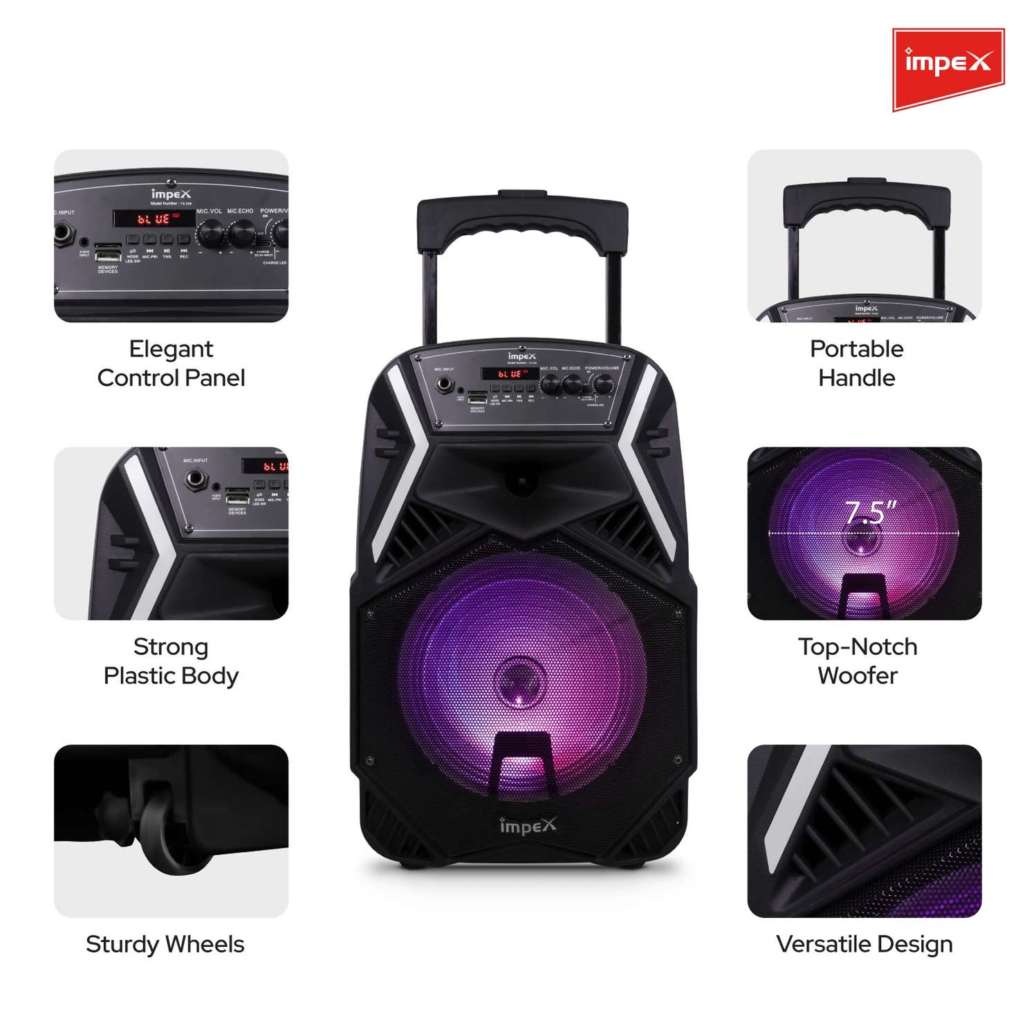 Impex TS-25B 25 Watts Multimedia Portable Trolley Speaker with USB/SD/ — Impex Webstore