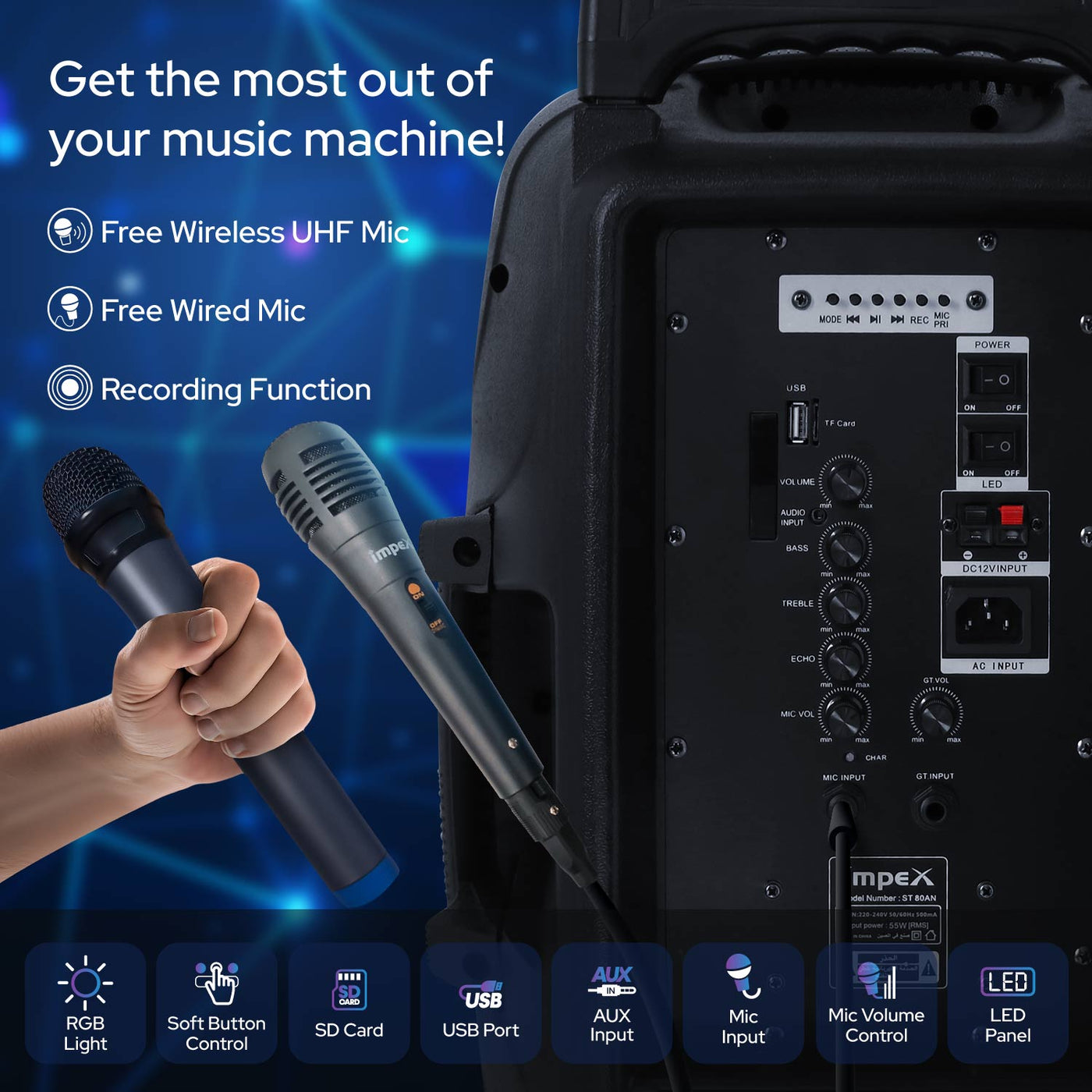 Impex ST-80AN 55 Watts Multimedia Portable Trolley Speaker with USB/SD ...