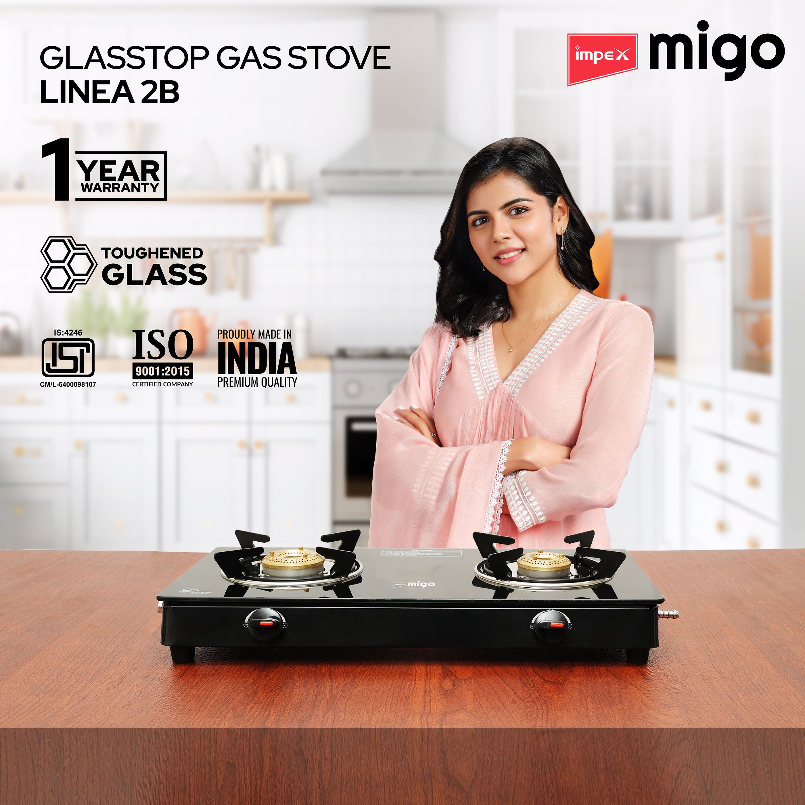 IMPEX Migo 2 Burner Glass top Gas Stove Linea 2B, 6mm Toughened Glass ...