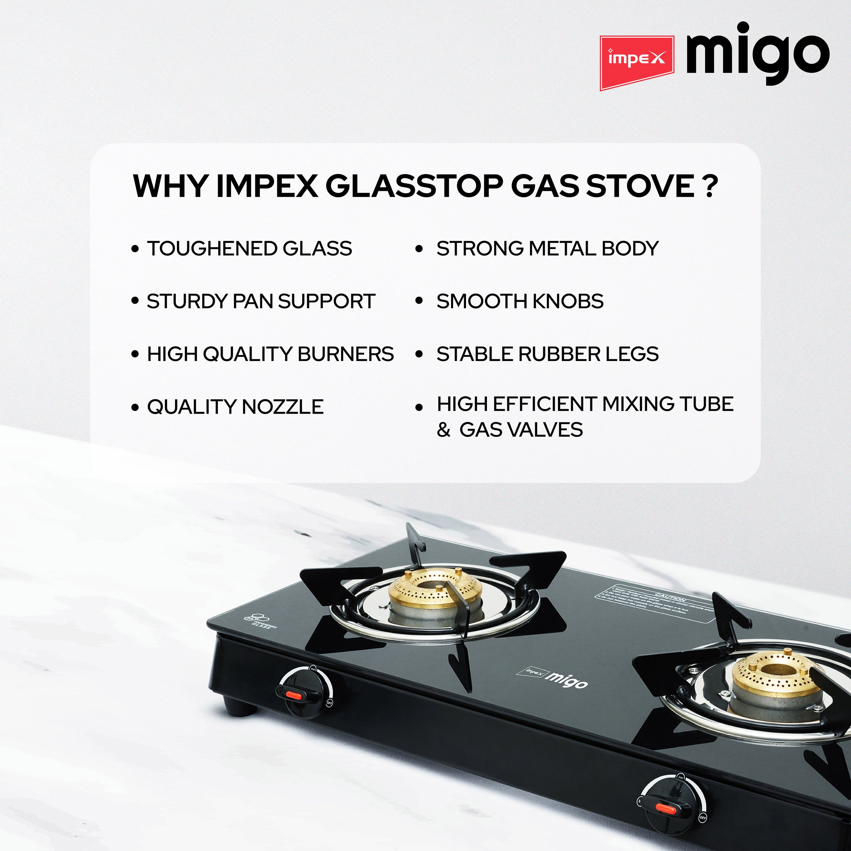 IMPEX Migo 2 Burner Glass top Gas Stove Linea 2B, 6mm Toughened Glass ...